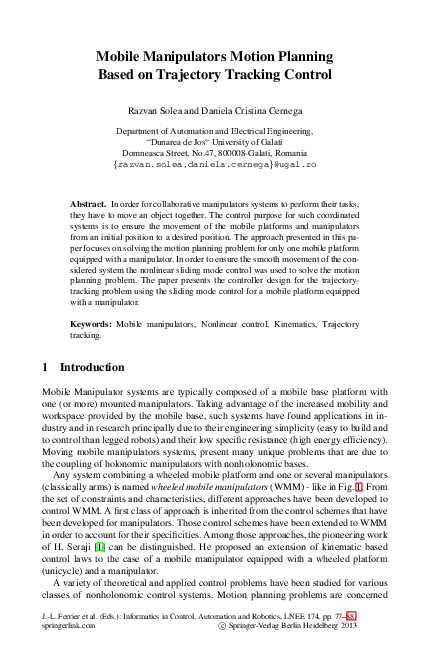 (PDF) Mobile Manipulators Motion Planning Based on Trajectory Tracking Control