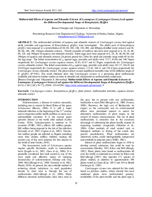 (PDF) Molluscicidal Effects of Aqueous and Ethanolic Extracts of Lemongrass (Cymbopogon Citratus ...