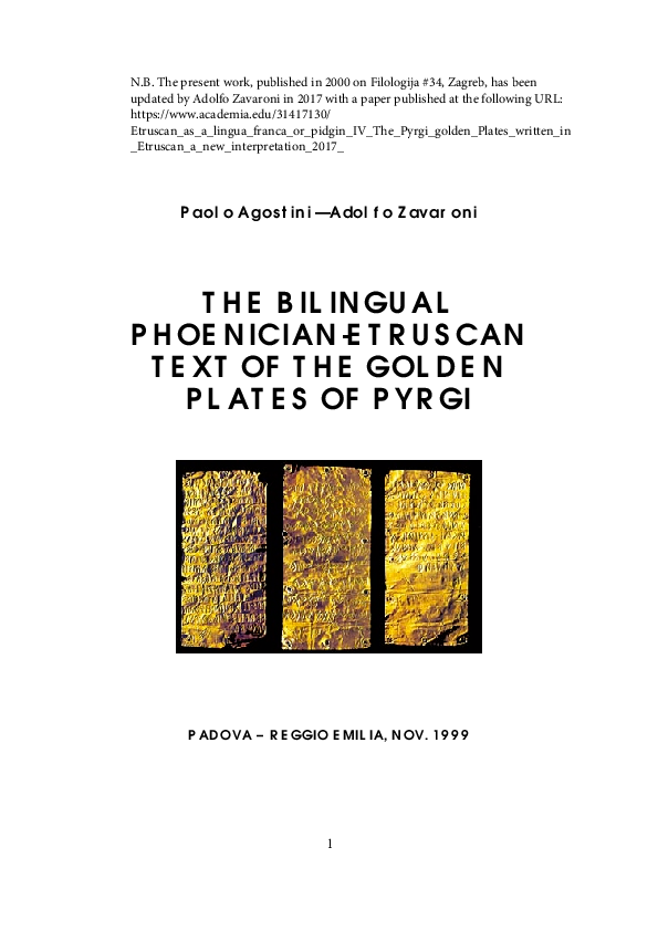 (PDF) THE BILINGUAL PHOENICIAN-ETRUSCAN TEXT OF THE GOLDEN PLATES OF PYRGI