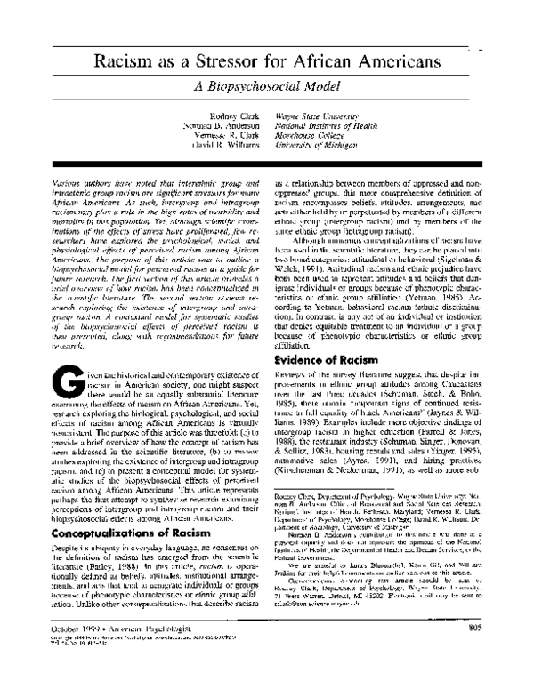 (PDF) Racism as a stressor for African Americans: A biopsychosocial model
