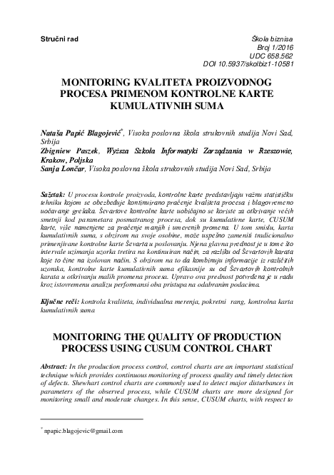 (PDF) Monitoring the quality of production process using CUSUM control chart