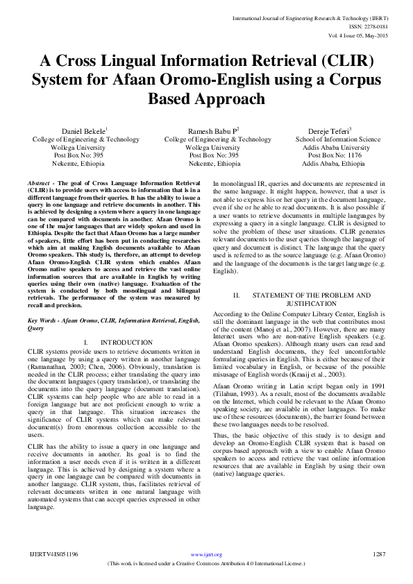 (PDF) A Cross Lingual Information Retrieval (CLIR) System for Afaan Oromo-English using a Corpus ...
