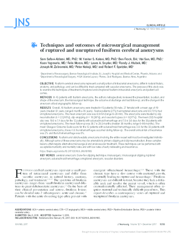(PDF) Techniques and outcomes of microsurgical management of ruptured and unruptured fusiform ...