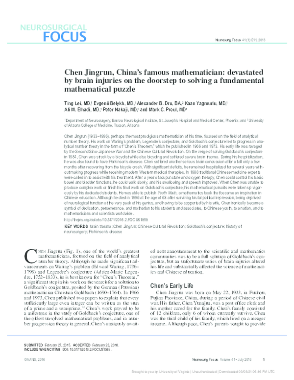 (PDF) Chen Jingrun, China’s famous mathematician: devastated by brain ...