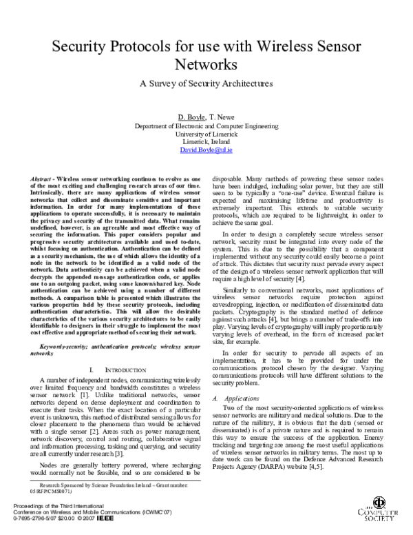 Pdf Security Protocols For Use With Wireless Sensor Networks A Survey