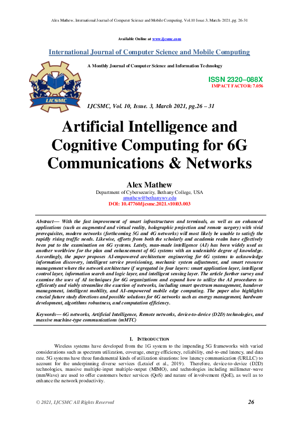 (PDF) Artificial Intelligence and Cognitive Computing for 6G Communications & Networks﻿