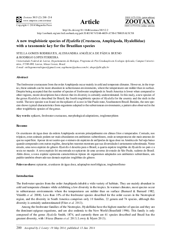 (PDF) A new troglobiotic species of Hyalella (Crustacea, Amphipoda ...