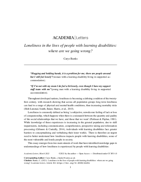 (PDF) Loneliness in the lives of people with learning disabilities ...