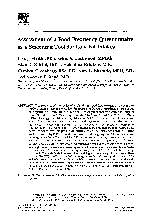 (PDF) Assessment of a food frequency questionnaire as a screening tool ...