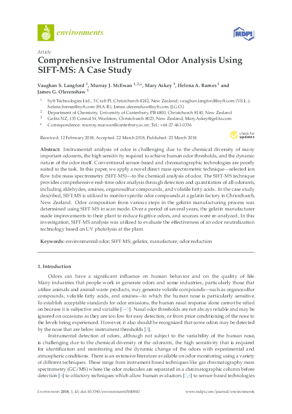 (PDF) Comprehensive Instrumental Odor Analysis Using SIFT-MS: A Case Study
