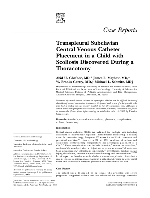 (PDF) Transpleural subclavian central venous catheter placement in a ...