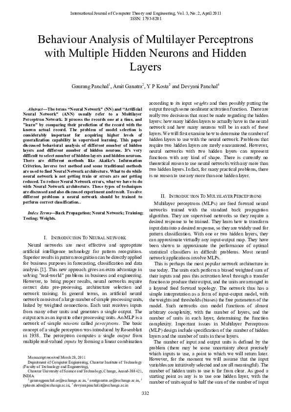 (PDF) Behaviour Analysis of Multilayer Perceptrons with Multiple Hidden Neurons and Hidden Layers