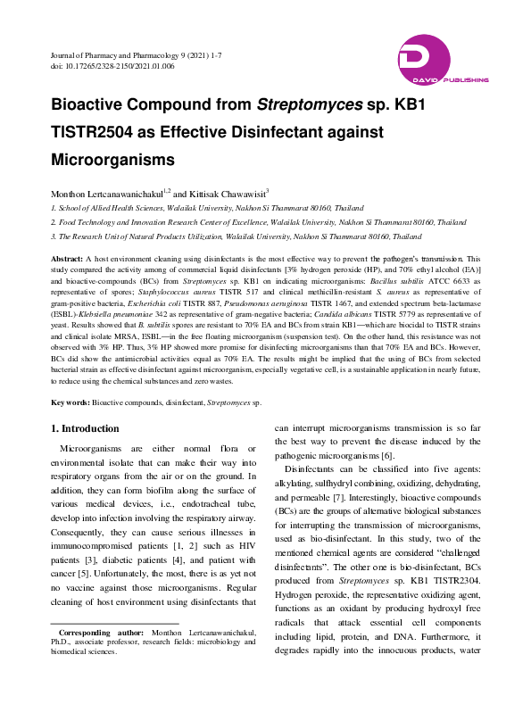 (PDF) Bioactive Compound from Streptomyces sp. KB1 TISTR2504 as ...
