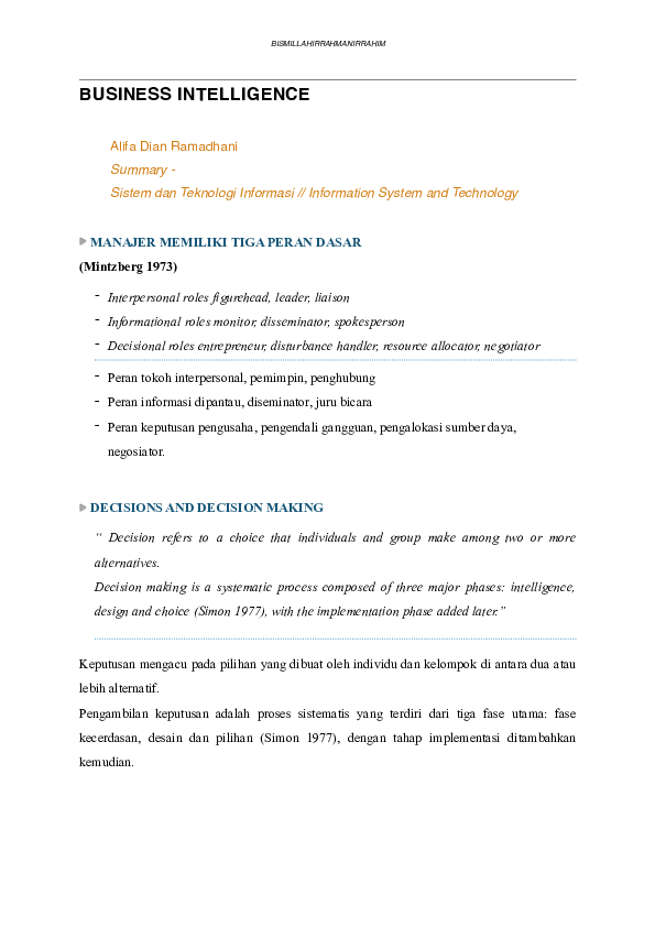 (PDF) BUSINESS INTELLIGENCE | Summary | Information System & Technology