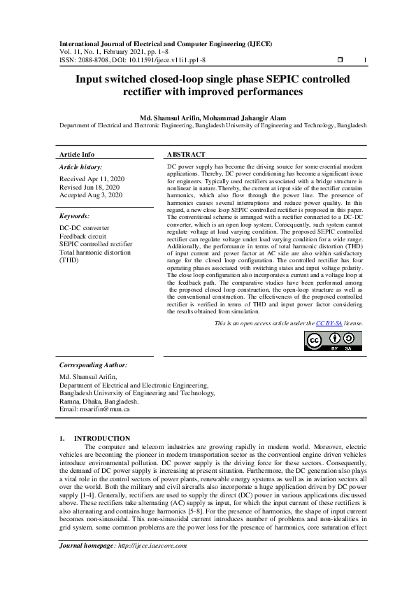 Pdf Input Switched Closed Loop Single Phase Sepic Controlled