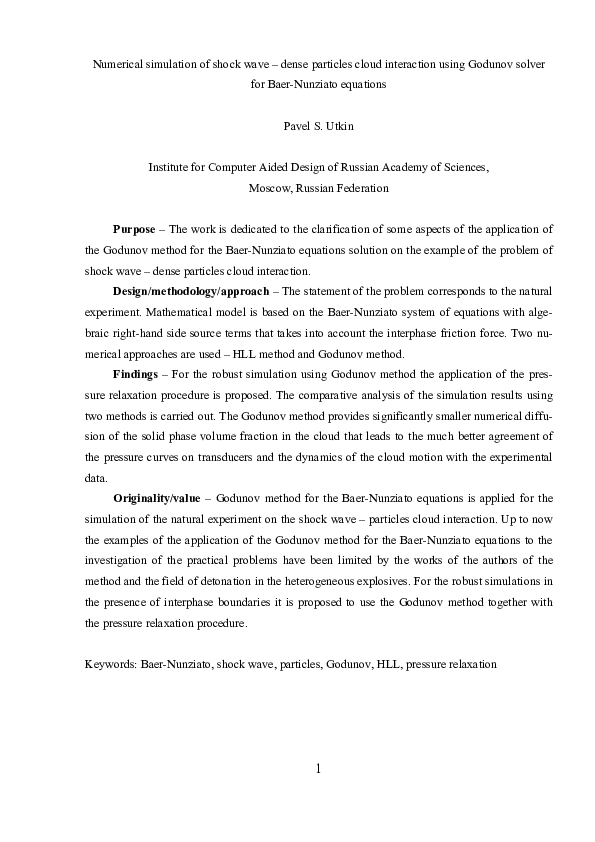 (PDF) Numerical simulation of shock wave -dense particles cloud interaction using Godunov solver ...