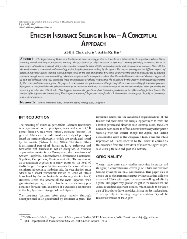 (PDF) Ethics in Insurance Selling in India - A Conceptual Approach