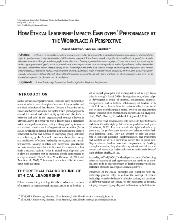 (PDF) How Ethical Leadership Impacts Employees' Performance at the Workplace: A Perspective
