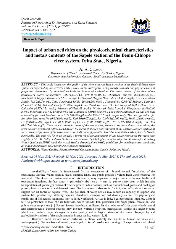 (PDF) Impact of urban activities on the physicochemical characteristics ...