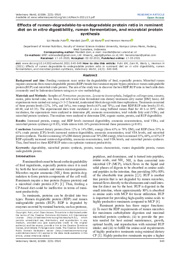 (PDF) Effects of rumen-degradable-to-undegradable protein ratio in ...