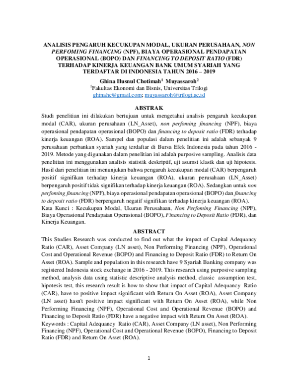 (PDF) ANALISIS PENGARUH KECUKUPAN MODAL, UKURAN PERUSAHAAN, NON PERFOMING FINANCING (NPF), BIAYA ...