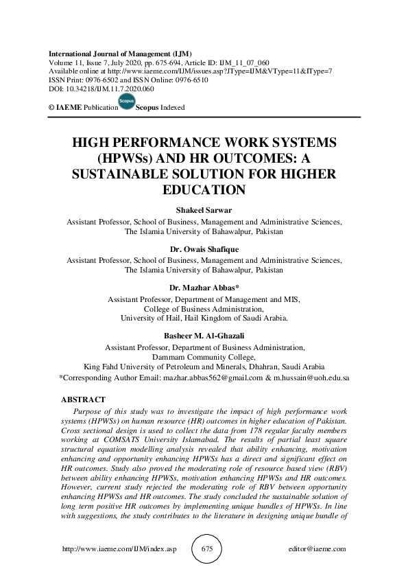 (PDF) HPWSs Impact on HR Outcomes in Higher Education