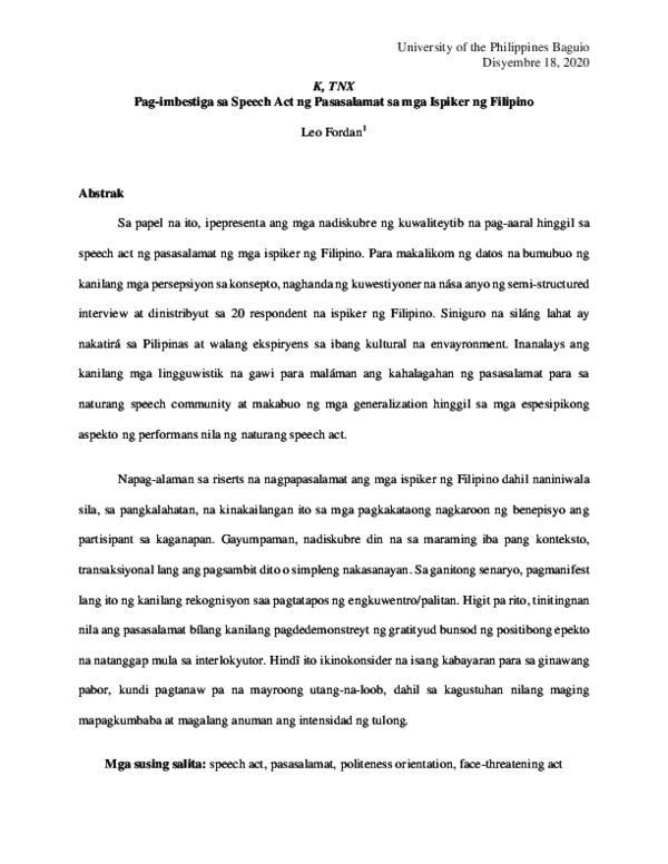 (PDF) Pag-imbestiga sa Speech Act ng Pasasalamat sa mga Ispiker ng Filipino