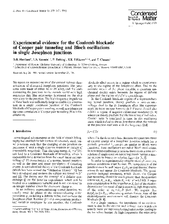 (PDF) Experimental evidence for the Coulomb blockade of Cooper pair tunneling and Bloch ...