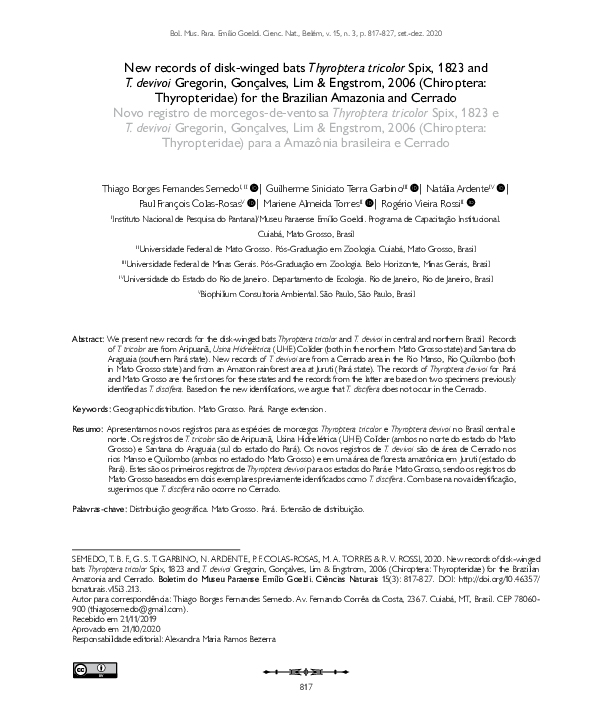 (PDF) New records of disk-winged bats Thyroptera tricolor Spix, 1823 ...