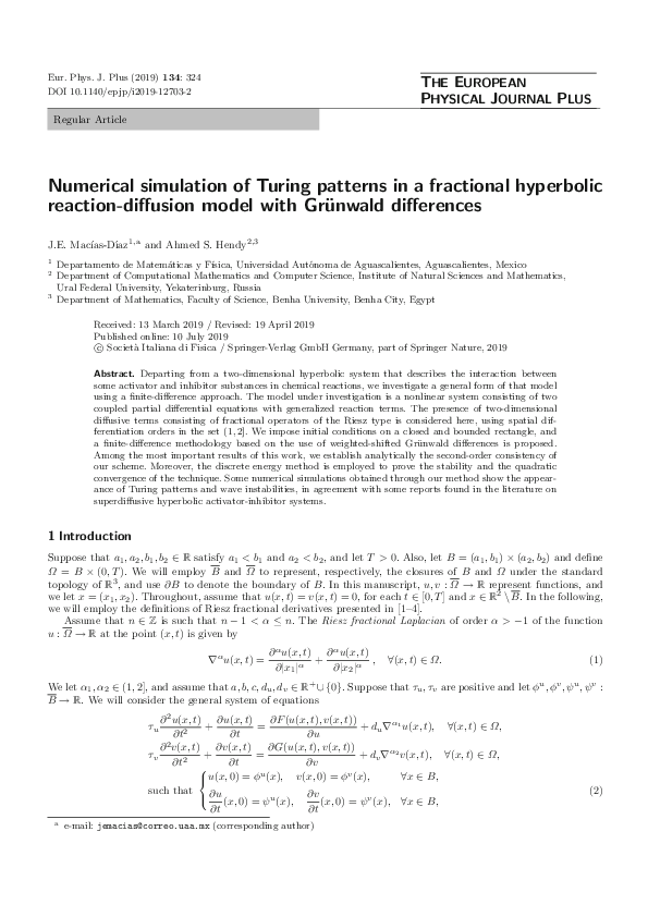 Pdf Numerical Simulation Of Turing Patterns In A Fractional