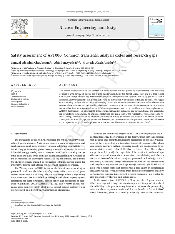 (PDF) Safety assessment of AP1000: Common transients, analysis codes ...