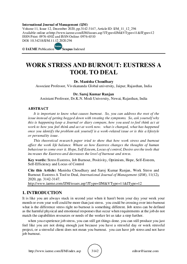 (PDF) WORK STRESS AND BURNOUT: EUSTRESS A TOOL TO DEAL
