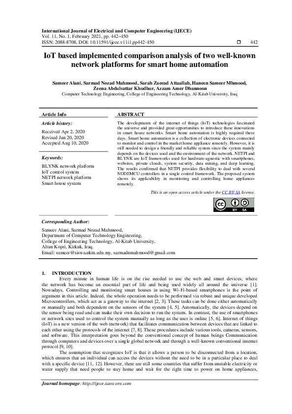 Pdf Iot Based Implemented Comparison Analysis Of Two Well Known Network Platforms For Smart