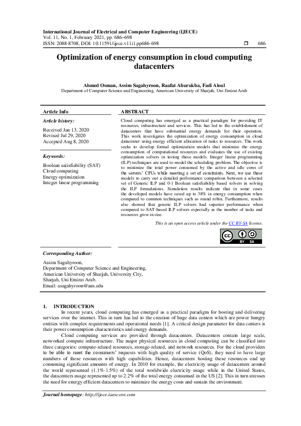 Pdf Optimization Of Energy Consumption In Cloud Computing Datacenters