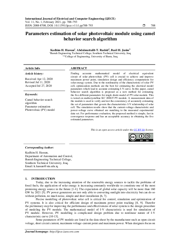 Pdf Parameters Estimation Of Solar Photovoltaic Module Using Camel Behavior Search Algorithm