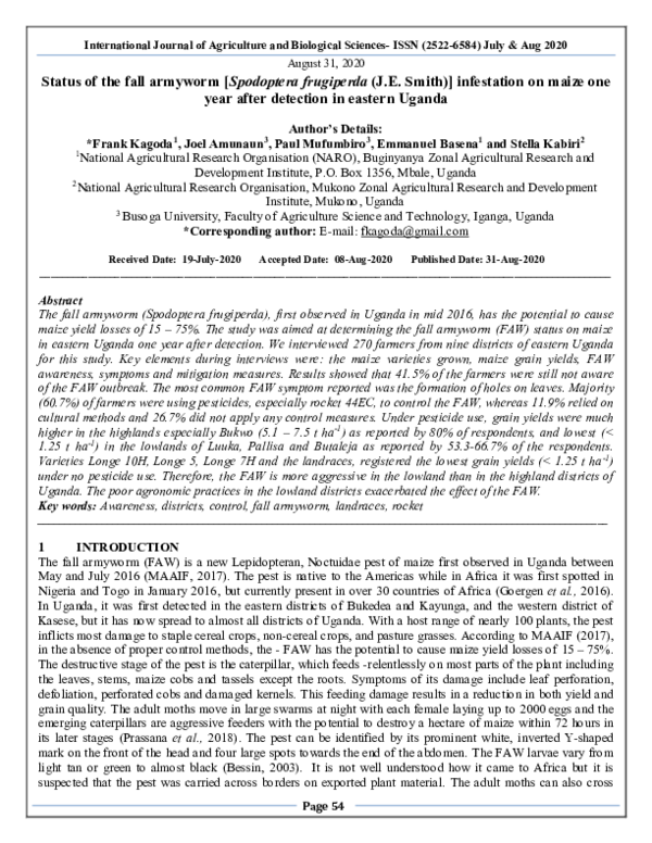 (PDF) Status of the fall armyworm [Spodoptera frugiperda (J.E. Smith)] infestation on maize one ...