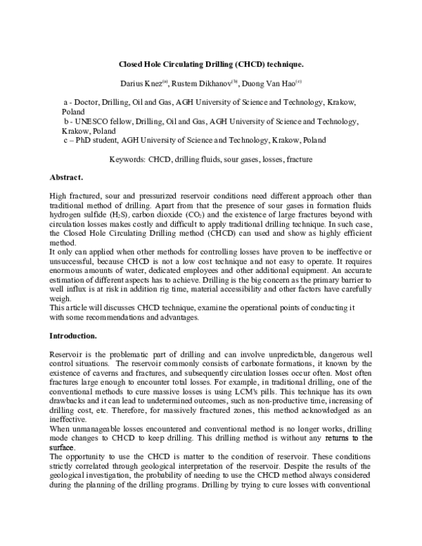 (DOC) Closed Hole Circulating Drilling (CHCD) technique (H viewed)