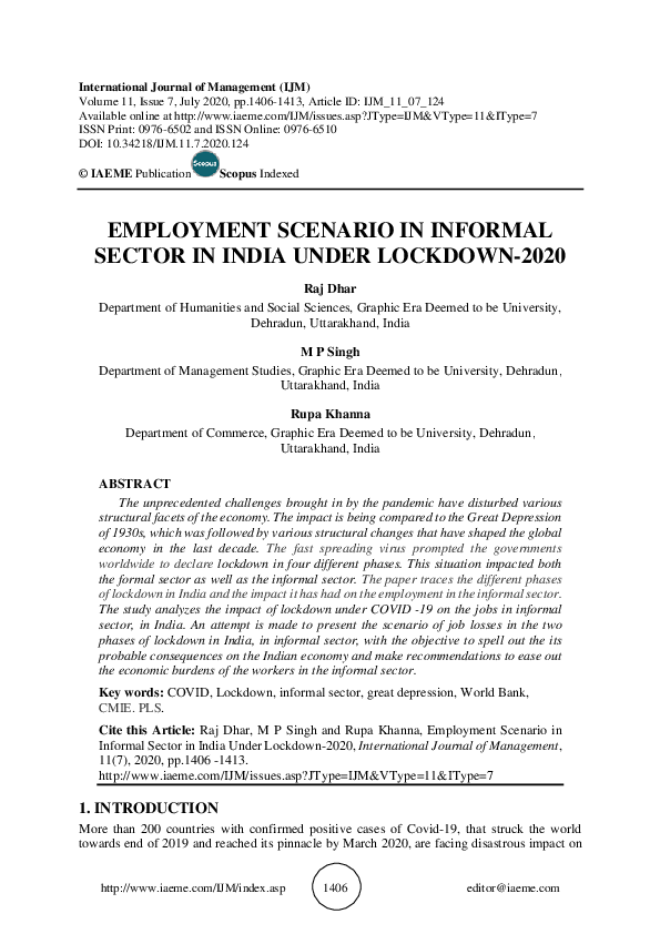 (PDF) EMPLOYMENT SCENARIO IN INFORMAL SECTOR IN INDIA UNDER LOCKDOWN-2020