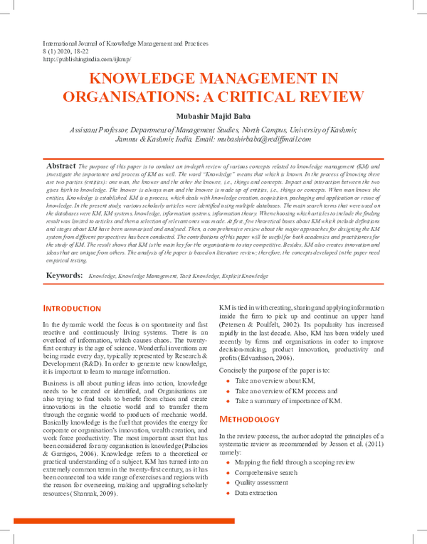 (PDF) Knowledge Management in Organisations: A Critical Review