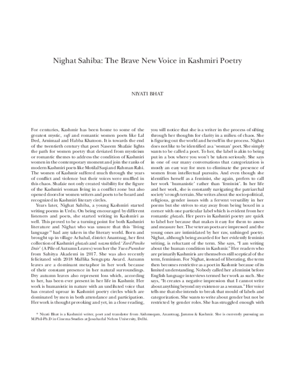 (PDF) Nighat Sahiba: The Brave New Voice in Kashmiri Poetry