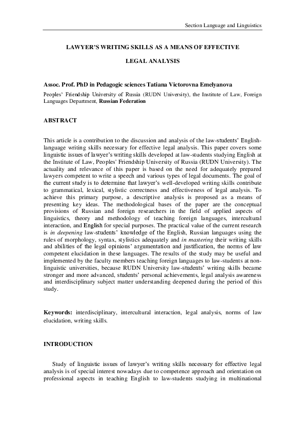 (PDF) LAWYER'S WRITING SKILLS AS A MEANS OF EFFECTIVE LEGAL ANALYSIS