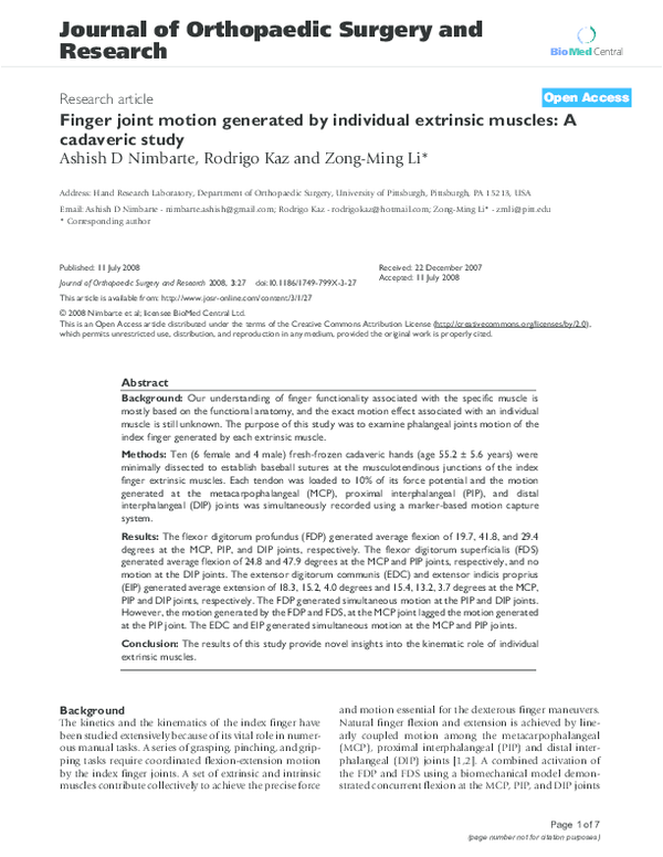 (PDF) Finger joint motion generated by individual extrinsic muscles: A ...