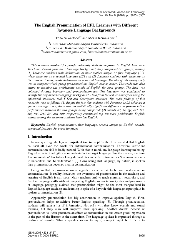 (PDF) The English Pronunciation of EFL Learners with Different Javanese ...