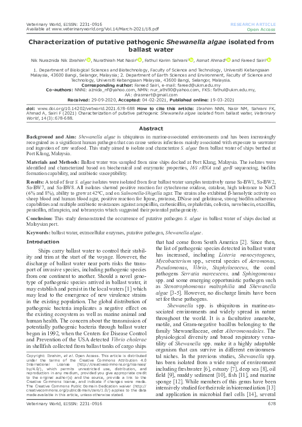 (PDF) Pathogenic Shewanella algae in Ballast Water