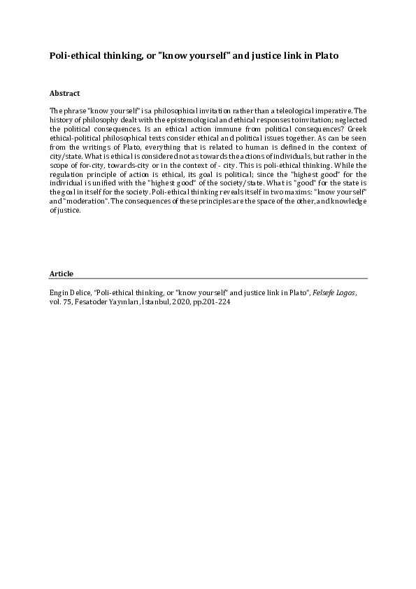 (PDF) Poli-ethical thinking, or "know yourself" and justice link in Plato