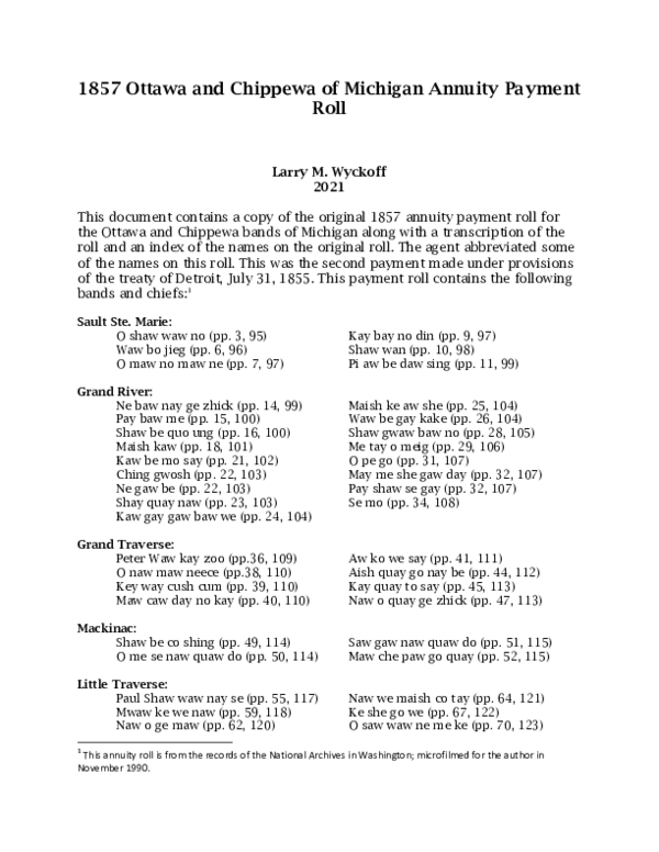 (PDF) 1857 Ottawa and Chippewa of Michigan Annuity Payment Roll