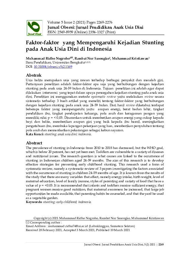 (PDF) Faktor-faktor yang Mempengaruhi Kejadian Stunting pada Anak Usia Dini di Indonesia