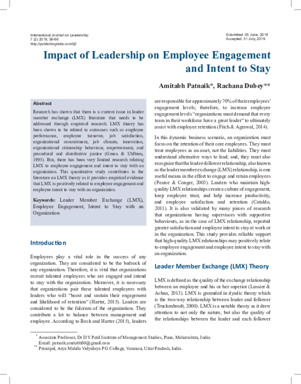 (PDF) Impact of Leadership on Employee Engagement and Intent to Stay