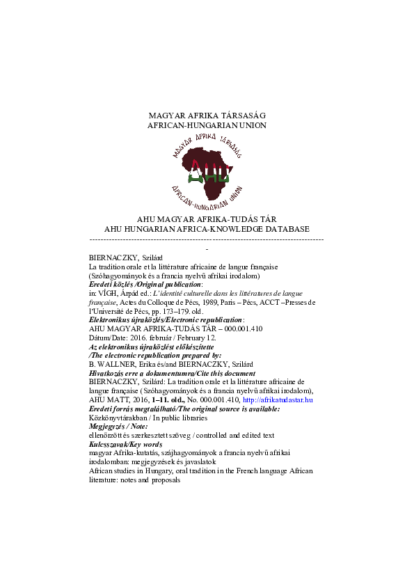 (PDF) La tradition orale et la littérature africaine de langue française