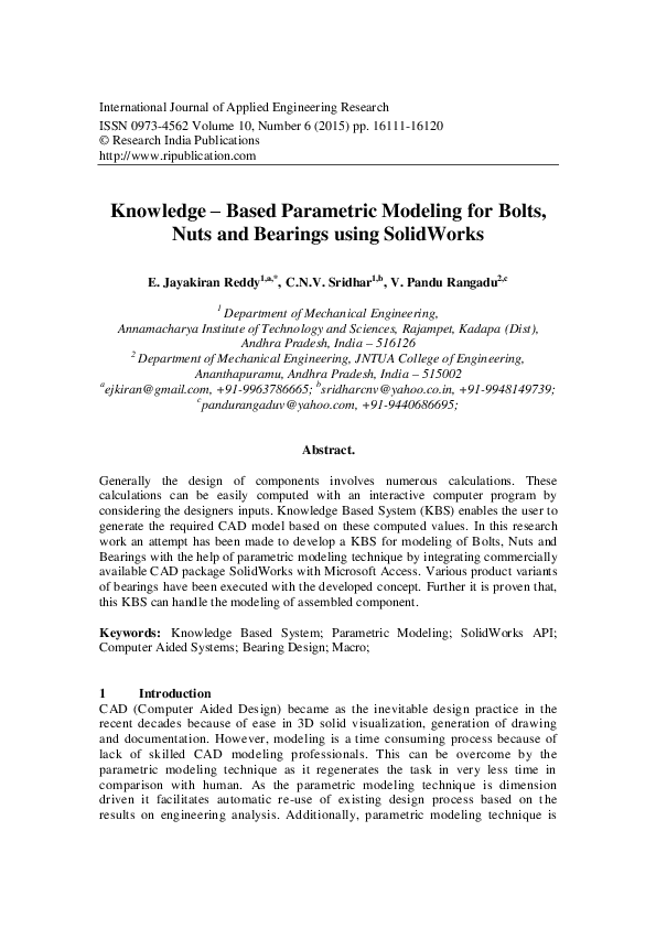 Pdf Knowledge Based Parametric Modeling For Bolts Nuts And Bearings Using Solidworks